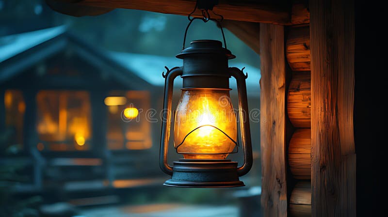 Cabin Porch Lantern Glows, Night Scene Stock Illustration ...