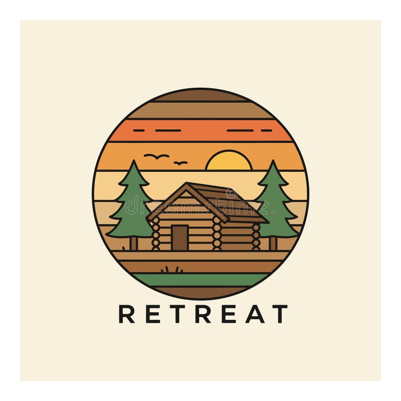 Cabin Retreat Logo Design with Pine Trees and Sunset in Circular Frame ...