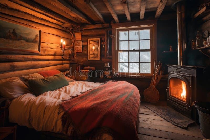A Cabin with a Roaring Fire and Warm Blankets on the Bed Stock Image ...
