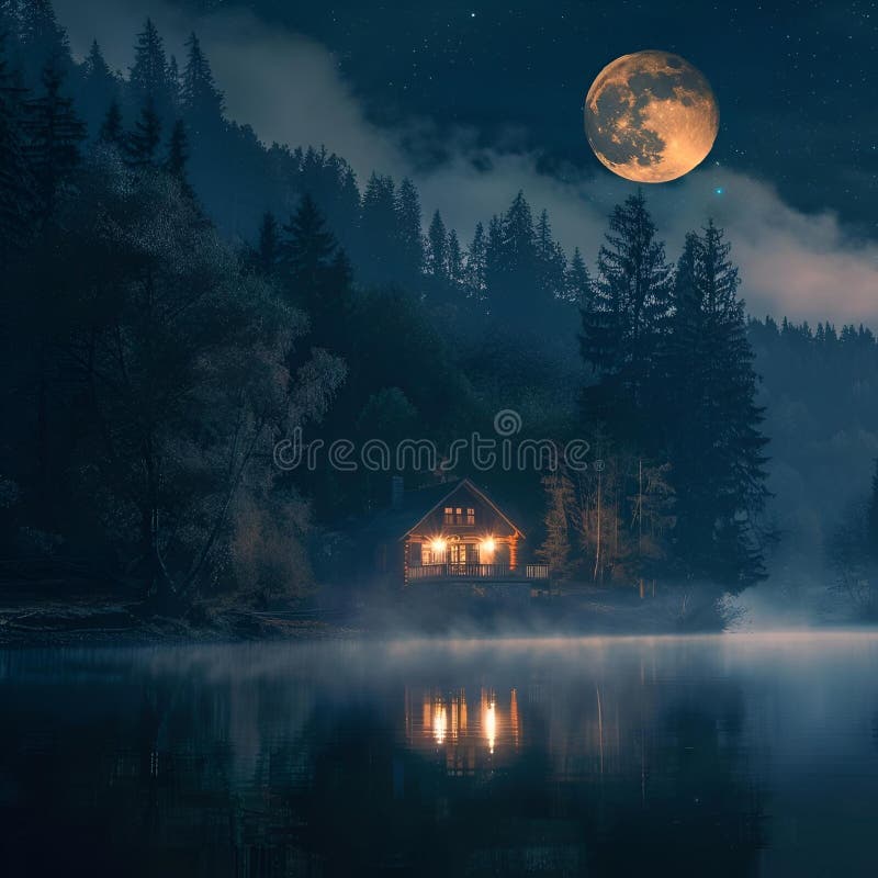 A Cabin Sitting on Top of a Lake in the Middle of the Night Stock ...