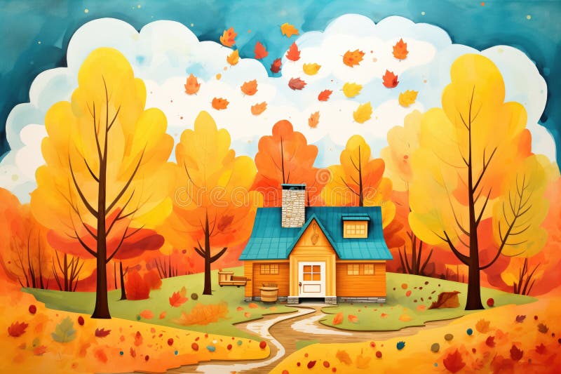 Cabin with Smoke, Surrounded by Autumn-colored Trees Stock Photo ...