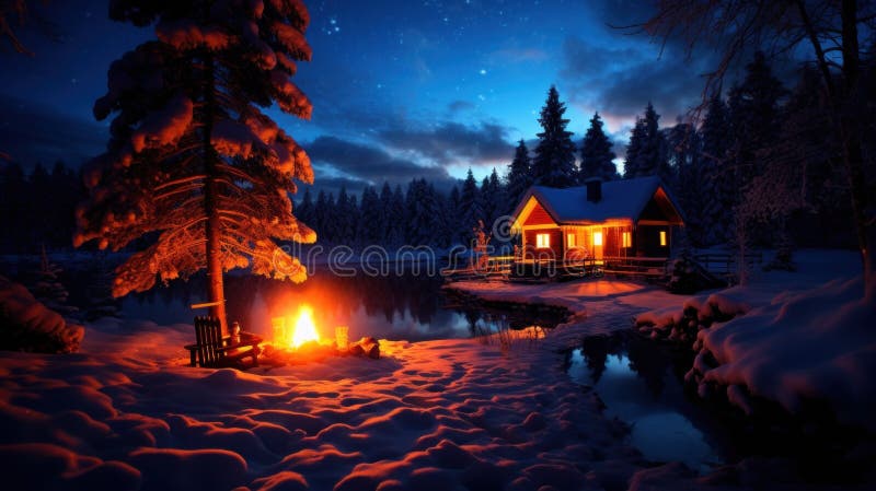 A Cabin in the Snow with a Fire, AI Stock Image - Image of nature, blue ...