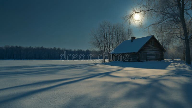 A Cabin in the Snow with Long Shadows Cast by the Winter Sun Stock ...