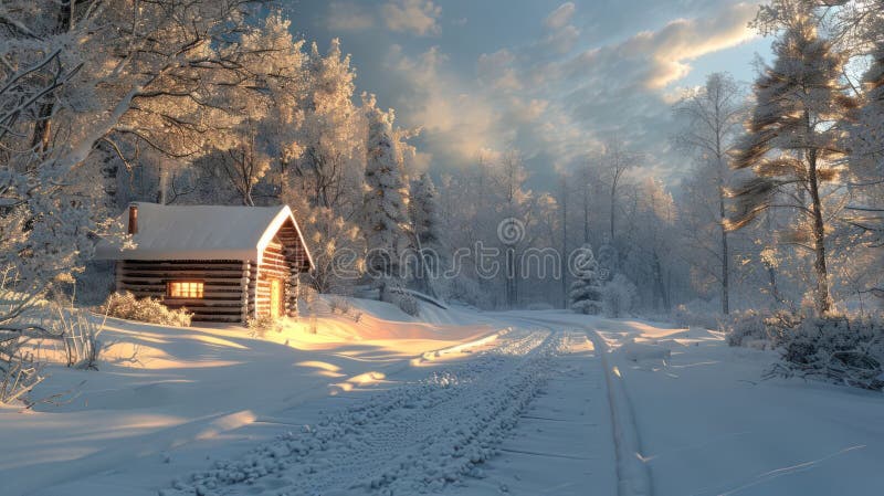 A Cabin is in the Snow with a Road in Front of it Stock Illustration ...