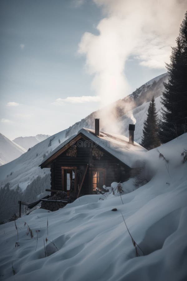 A Cabin in the Snow with Smoke Coming Out of it. Generative AI Image ...