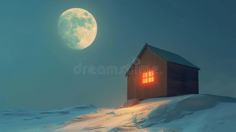 Cabin in Snowy Landscape Illuminated by Full Moon Stock Illustration ...
