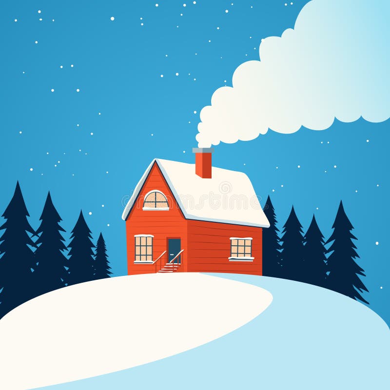 Cabin Surrounded by Snow and Pine Trees, with Smoke Rising from the ...
