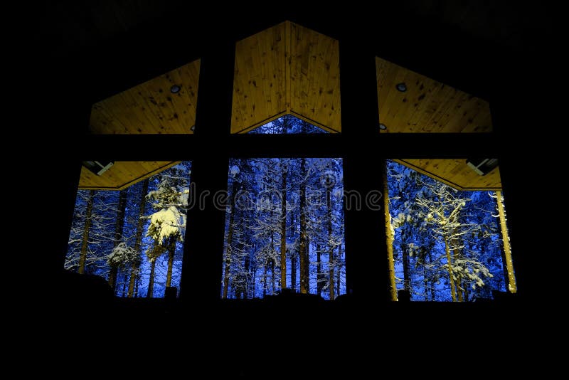Cabin Windows Looking Out Dark Forest Snow Winter Stock Image - Image ...
