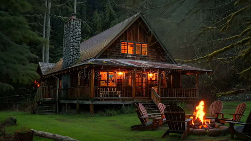 A Cabin in the Woods with a Fire Pit Burning Outside on a Cool Evening ...