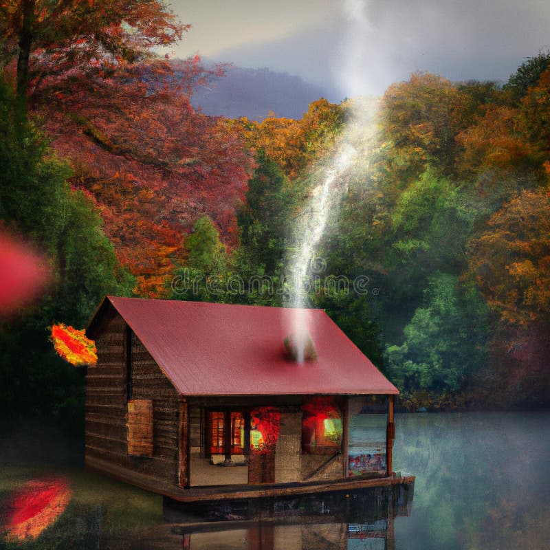 Cabin in Woods on Lake during Fall with Smoke from Chimney. AI Image ...