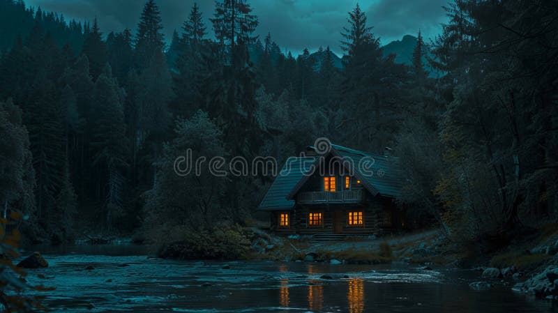 A Cabin in the Woods at Night Stock Image - Image of river, woods ...