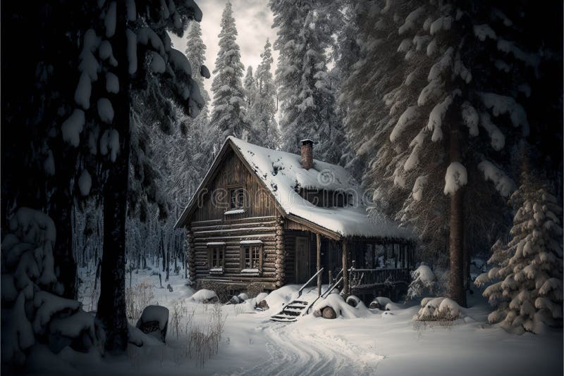 A Cabin in the Woods with Snow on the Ground and Trees Around it Stock ...