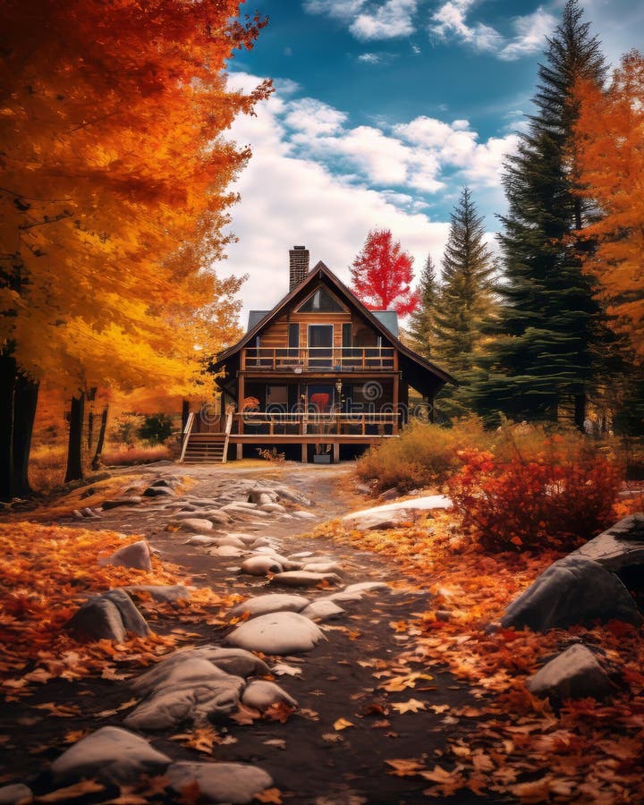 A Cabin in the Woods Surrounded by Fall Foliage Stock Illustration ...