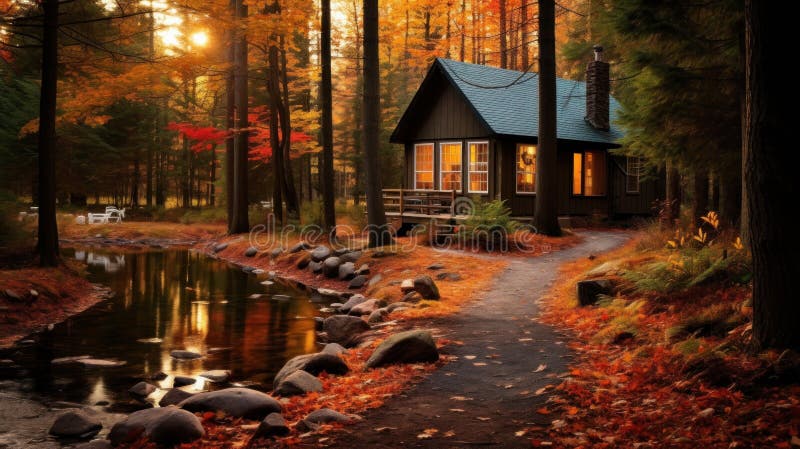 A Cabin in the Woods Surrounded by Fall Foliage, AI Stock Photo - Image ...