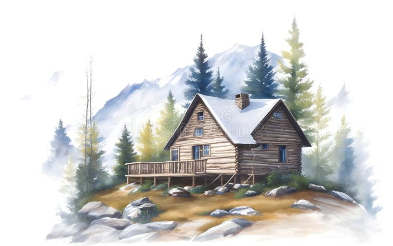 Cabin in the Woods, Watercolor Mountain Cabin, White Background Stock ...