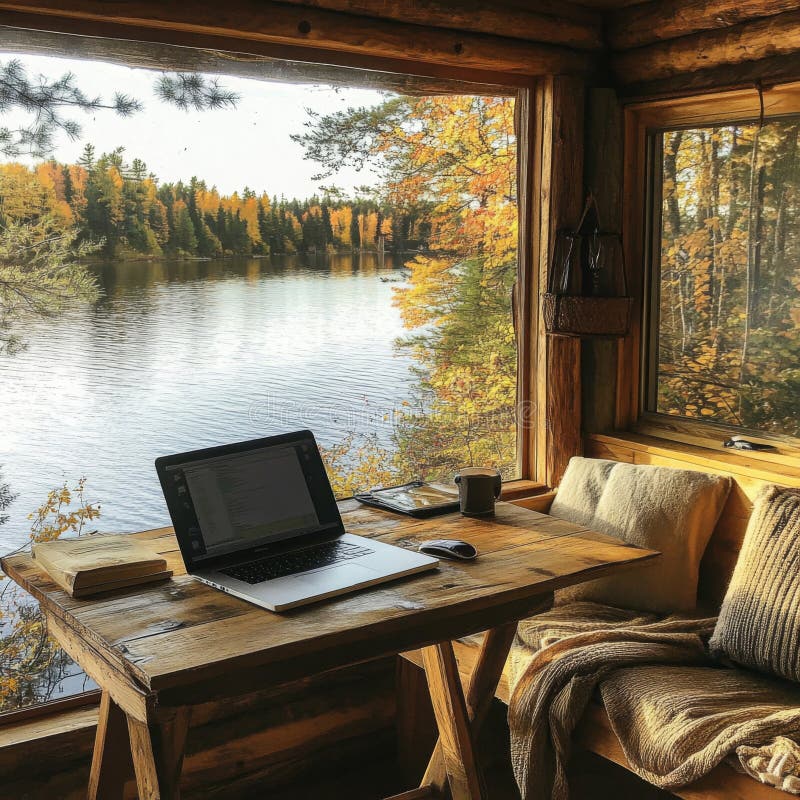 Cabin Workspace with a View of a Lake and Fall Foliage Stock ...