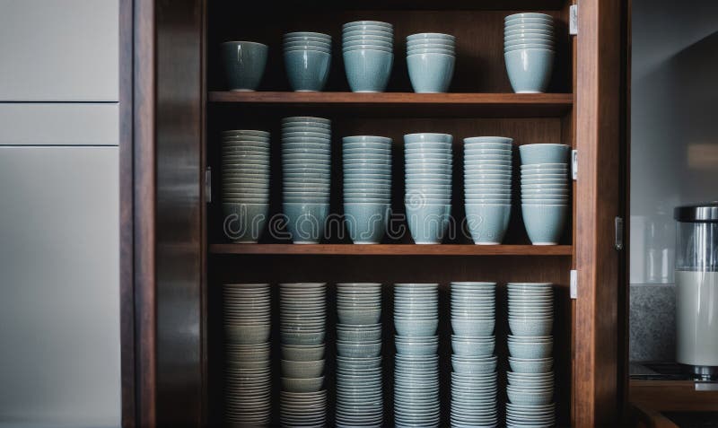 A Cabinet Filled with Stacks of Blue Bowls in a Kitchen Stock Image ...