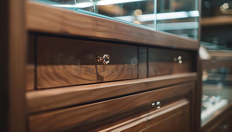 Cabinet of Glass and Drawers All Closed. Wooden Drawers with Metal Pull ...