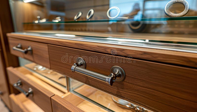 Cabinet of Glass and Drawers All Closed. Wooden Drawers with Metal Pull ...