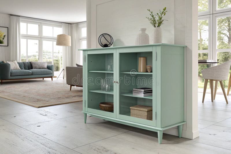 Cabinet in Mint-colored Empty Living Room Stock Illustration ...