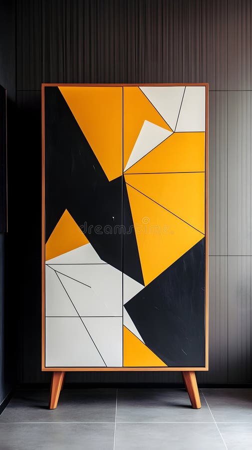 Abstract Geometric Cabinet Design Illustration, Black, Yellow and White ...