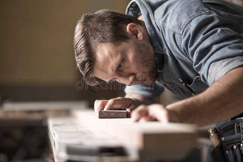 Cabinetmaker during Work in Workshop Stock Photo - Image of board ...