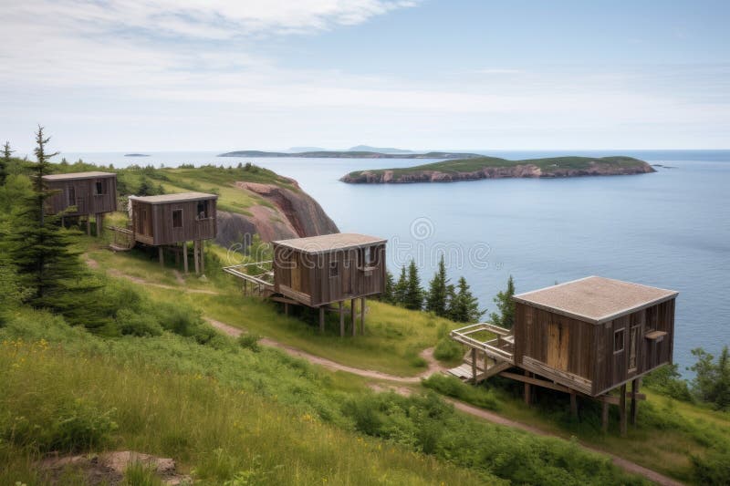 Cabins Perched Atop Cliff, with View of the Ocean and Distant Islands ...