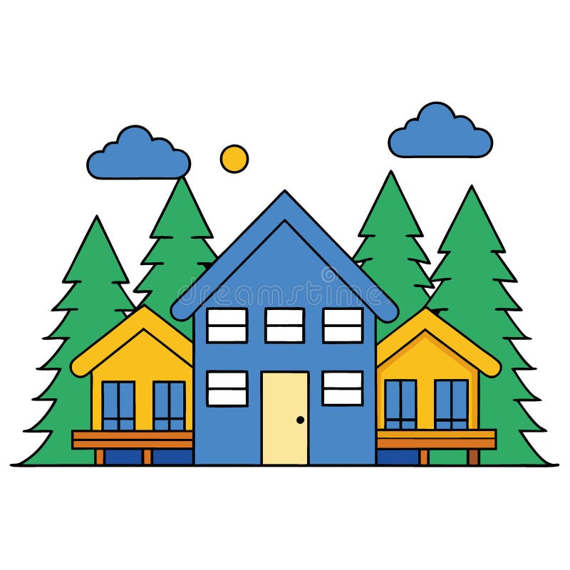 Cabins in the Wild. Hostel in the Forest with Blue Sky and Wooden Cabin ...