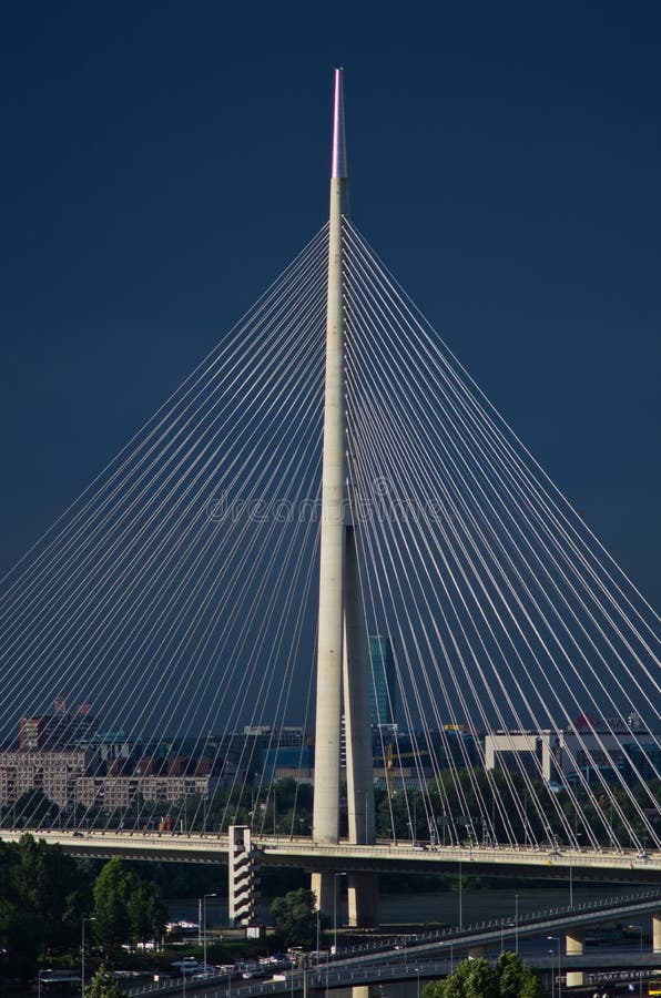 Cable Bridge Against Dark Blue Sky in Belgrade Stock Image - Image of ...