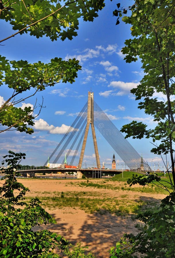 Cable Bridge and Sculpture in Riga Stock Image - Image of skyline ...