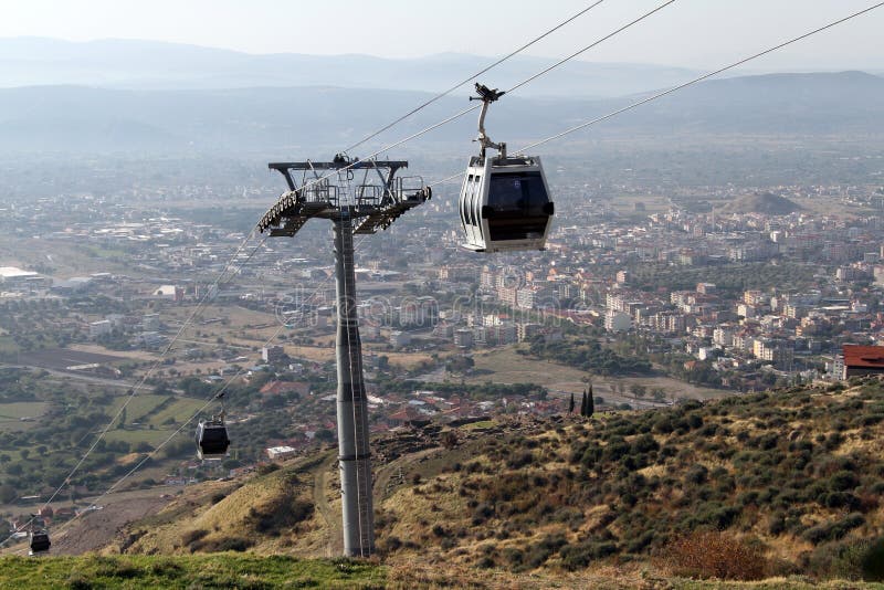 Cable car in Bergama stock image. Image of wire, grass - 34503303