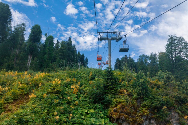 Cable Car Cabins in the Mountains, Mountain Carousel Lift, Selective ...