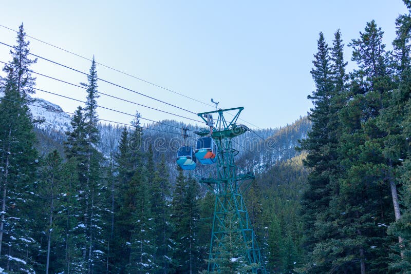 Cable Car Gondolas Travelling Up and Down Sulphur Mountain in Banff ...