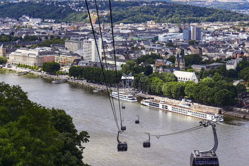 Cable Car Line Leading Over a River into Koblen, Rhe Stock Photo ...
