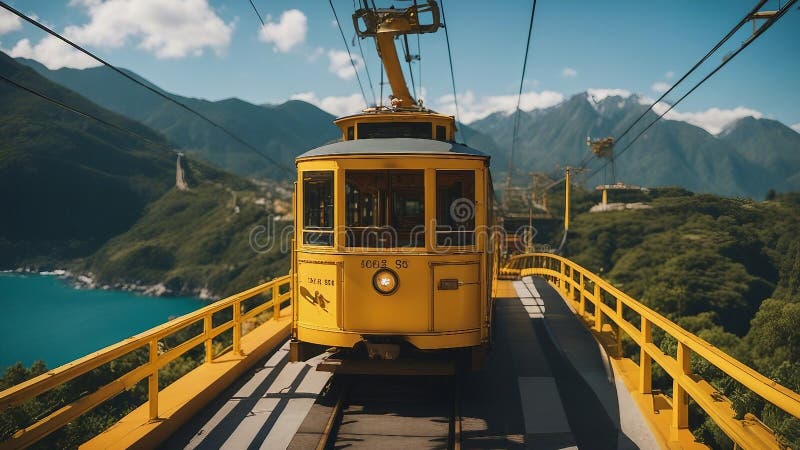 Cable Car in the Mountains a Yellow Train on a Bridge. the Train is a ...