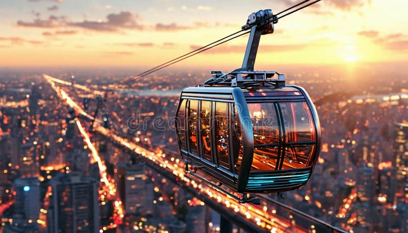 Cable Car Over the City of the Future Stock Illustration - Illustration ...