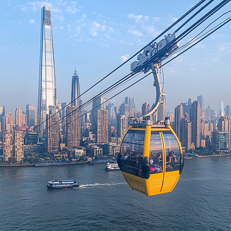 Cable Car Soaring Above Shanghai Skyline Stock Image - Image of ...