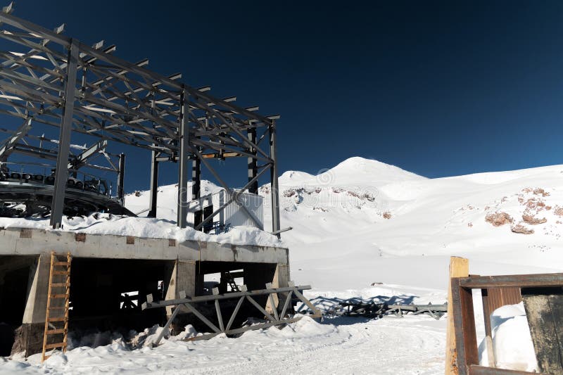 A Cable Car Station Under Construction High in the Mountains in Winter ...