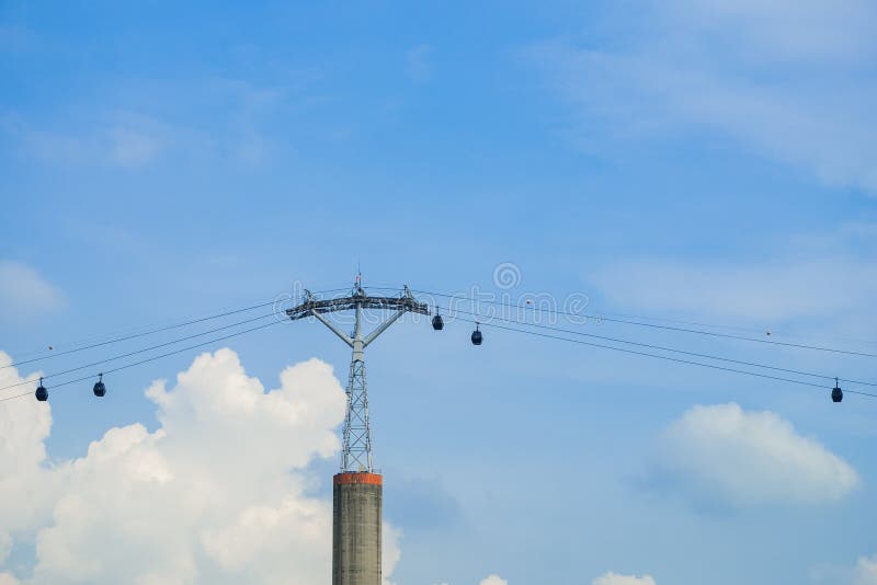 Cable Car and Strong Looking Cable Car Pole Under Bright Blue Sky and ...