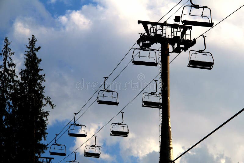 Cable Car Support Pillar with Empty Chairs on Cables Stock Photo ...