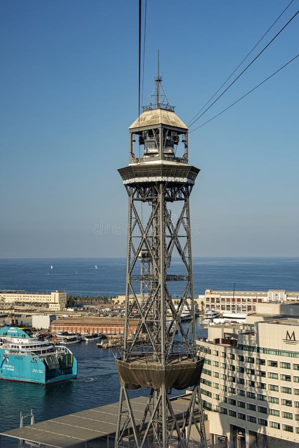 Cable Car Tower Barcelona Harbour Editorial Photo - Image of outdoors ...