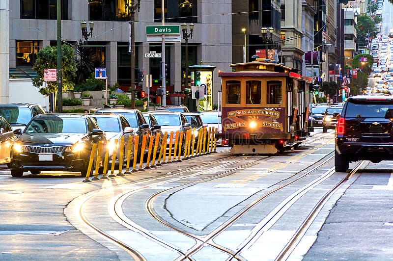 Cable car in the traffic editorial photography. Image of track - 81140802