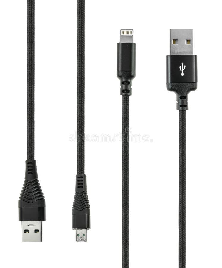 Cable and Connector for USB, Micro USB, Lightning, on a White ...
