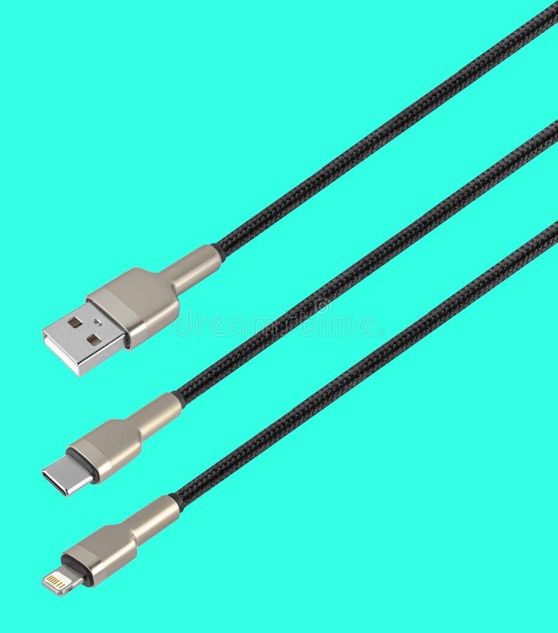 Cable and Connector USB, Type-C, Lightning, on a Blue Background Stock ...