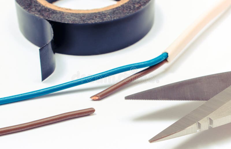 Cable Cutter, Electric Cable and Insulating Tape on White Background ...
