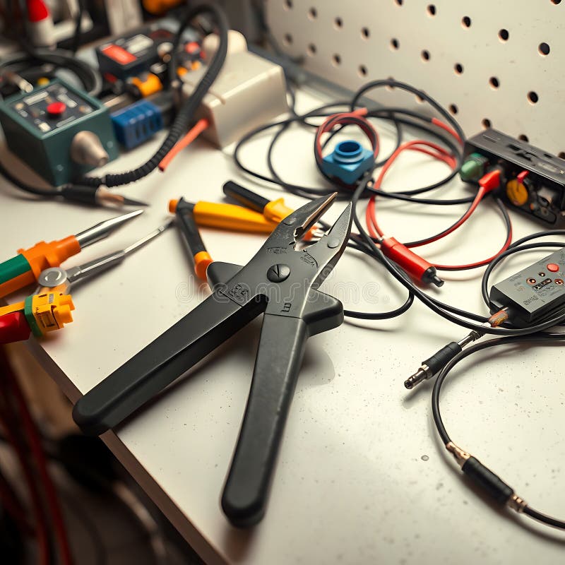 Cable Cutters on a Bright Workbench Surrounded by Tools Wires and ...