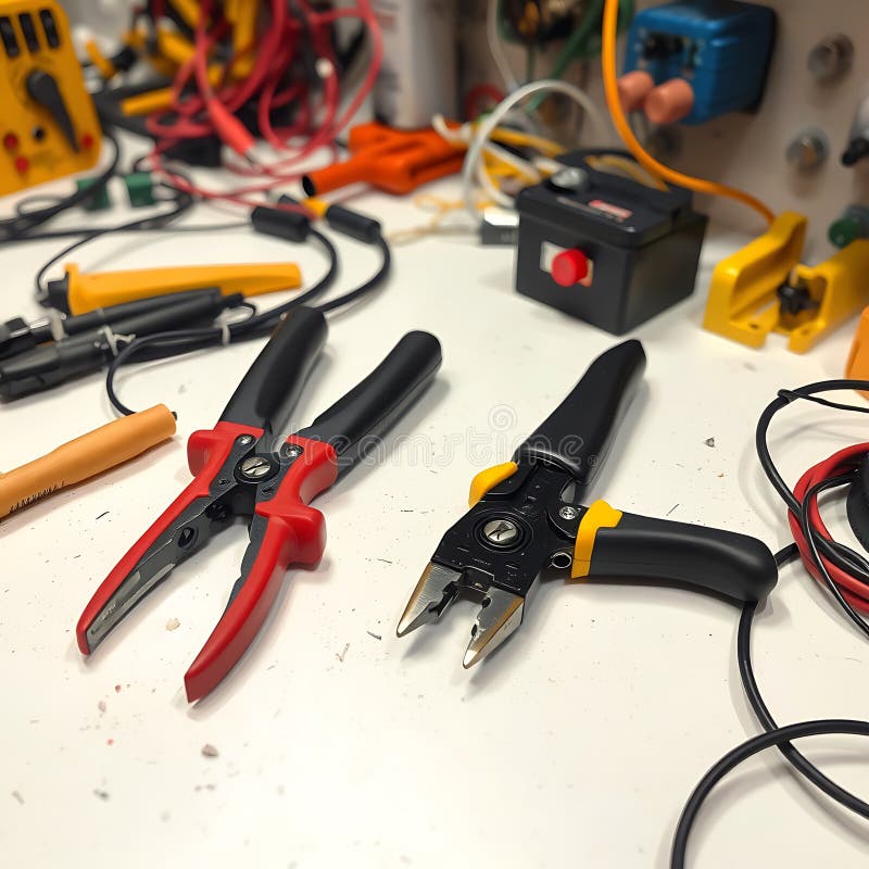 Cable Cutters on a Bright Workbench Surrounded by Tools Wires and ...