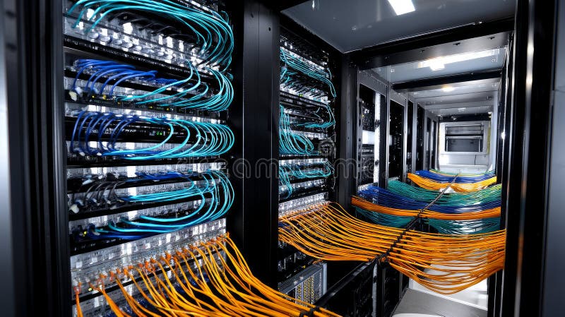 Cable Management Inside Data Cabinet, Organized Wires. Electricity and ...