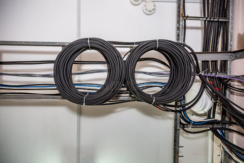 Cable Management. Working Wires, Cables Wound into a Coil, a Circle ...