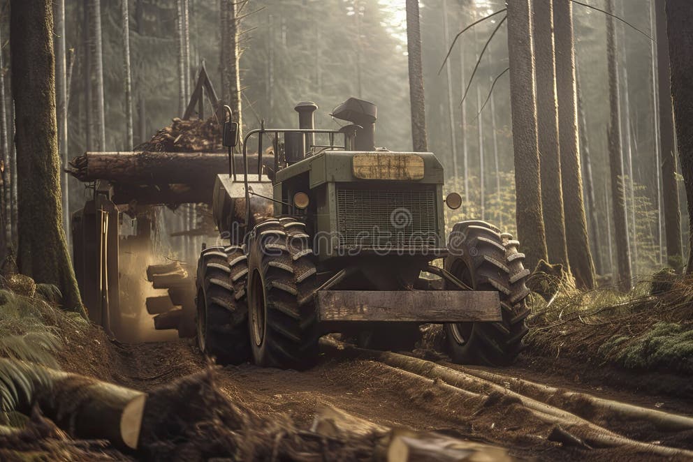 Cable Skidder Pulling Logs in Forest Stock Illustration - Illustration ...